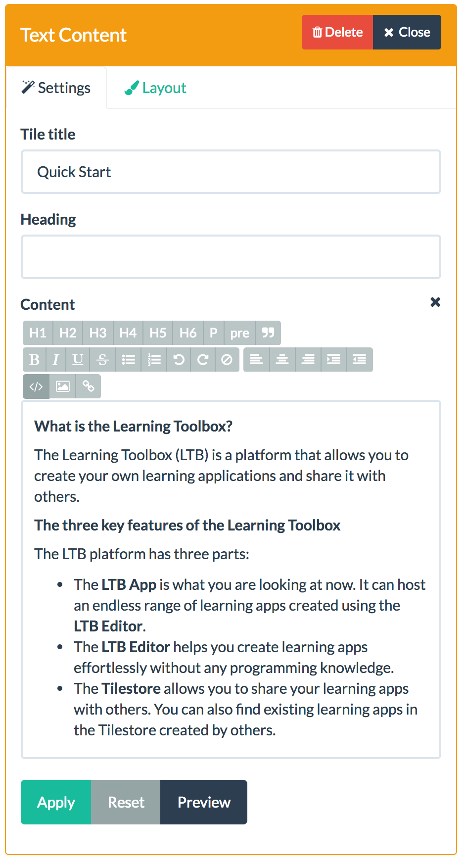 Stack Editor Text Content Tile Settings Learning Toolbox Support